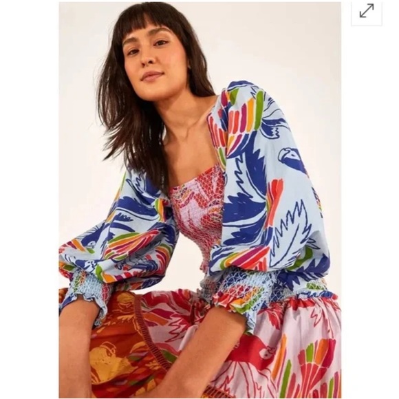FARM Rio | Tops | Farm Rio Mixed Birds Puff Sleeve Smocked Crop Top ...